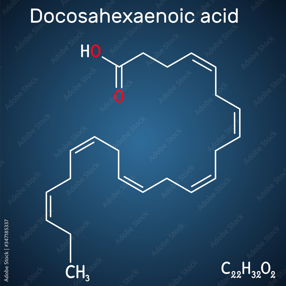 Docosahexaenoic acid, DHA, doconexent, cervonic acid molecule. It is ...