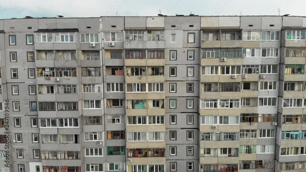 Residential Multistory Building, Aerial View. Flying near Facade with ...