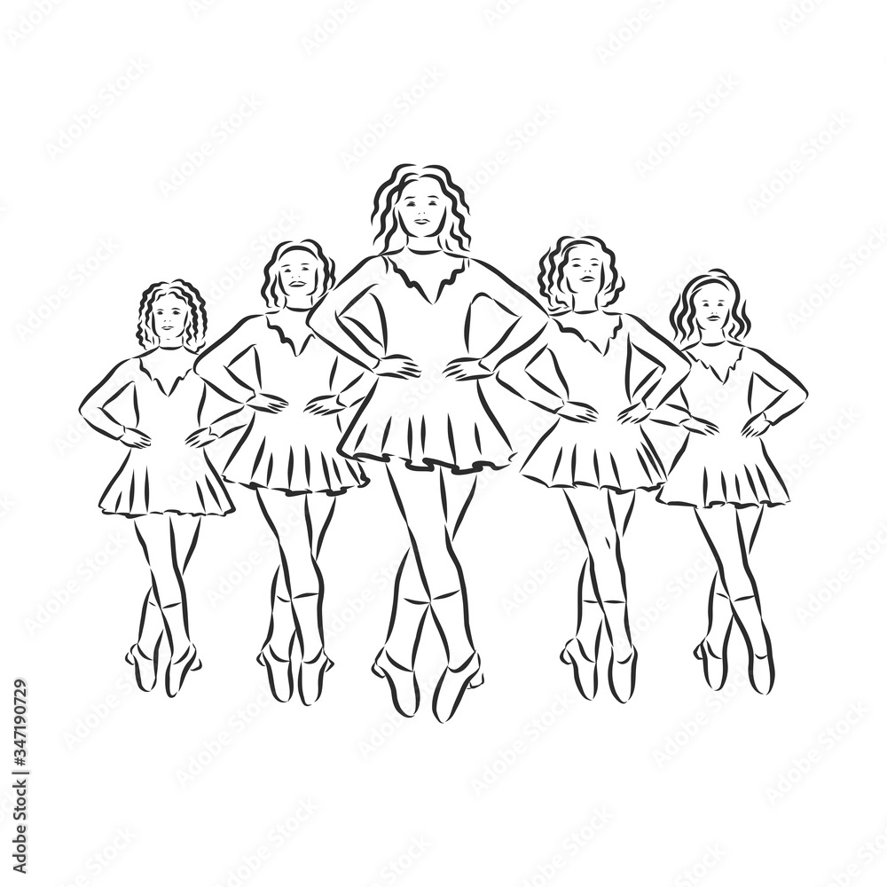 Irish Dance Troupe Jumping Together in Traditional Dresses and Ghillies ...