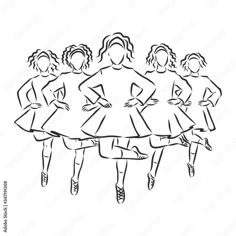 Irish Dance Troupe Jumping Together in Traditional Dresses and Ghillies ...