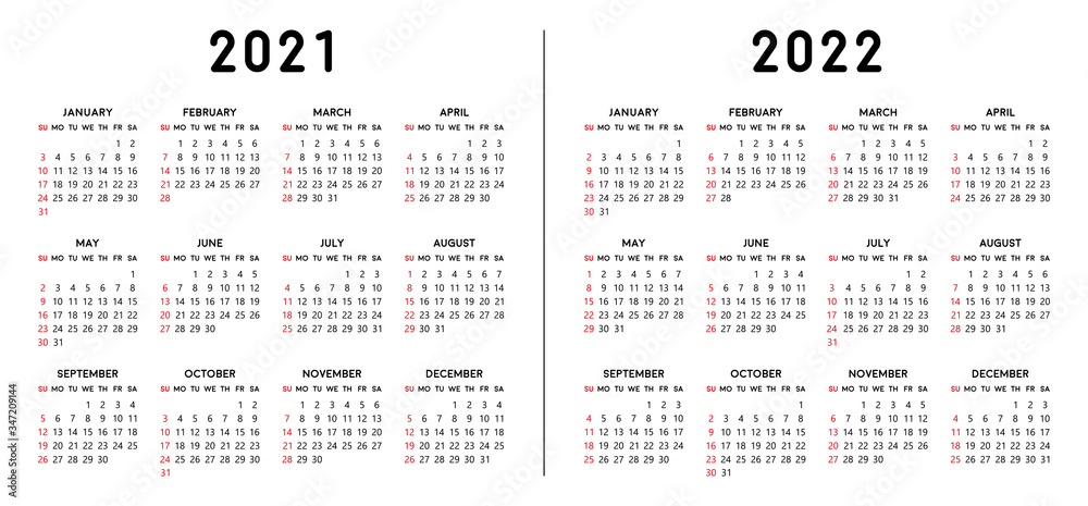 Calendar 2021 and 2022. black and white calendar template. Stock Vector ...