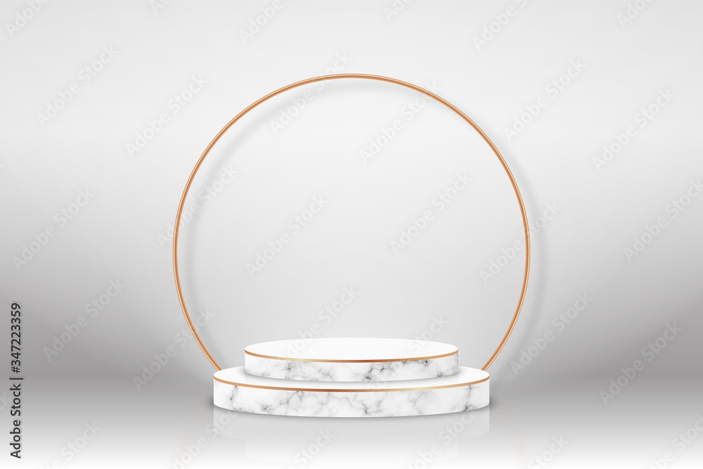 White 3d podium with marble texture and golden elements. Empty stage or ...