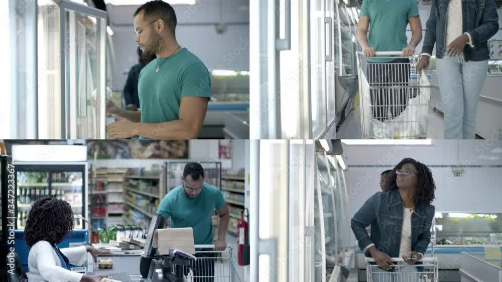 Customers and cashier in supermarket. Shoppers buying food, wheeling ...