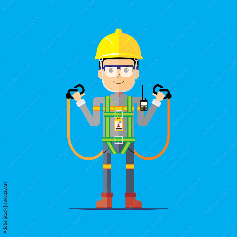 Worker showing how to wear the right safety full body harness with ...