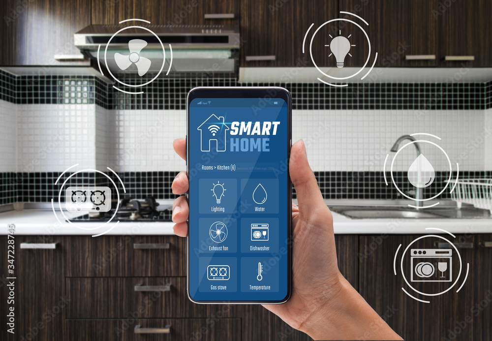 Smart home technology concept, Woman hand using application on ...