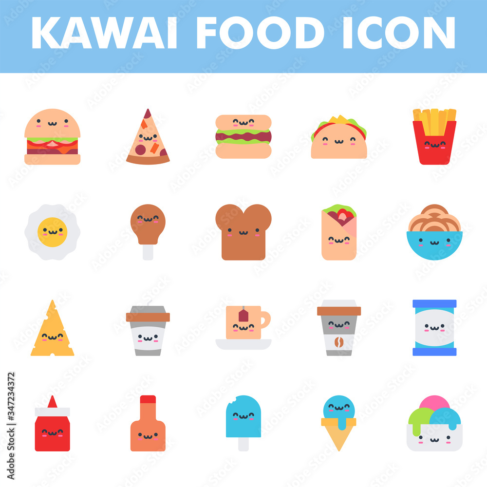 Kawai food icon pack isolated on white background. Kawai and cute food ...