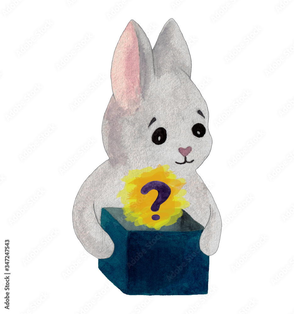 Watercolor illustration of a rabbit with a blue box and a purple ...