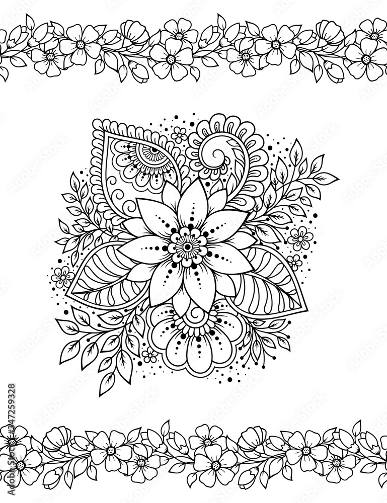 Seamless pattern of mehndi flower and border for Henna drawing and ...