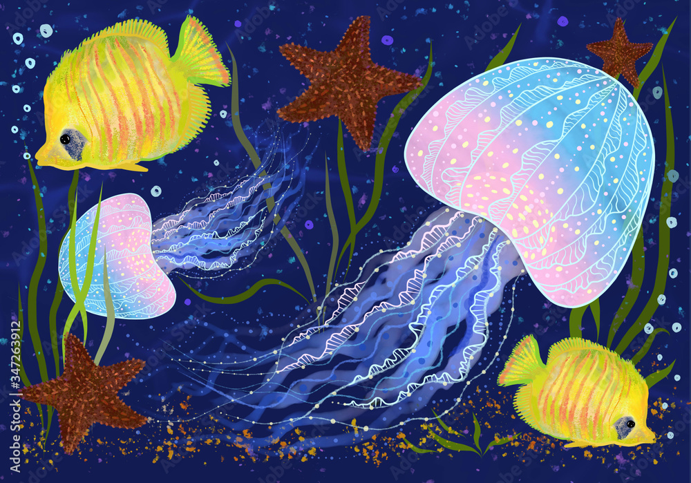World oceans day, 8 june. Sea animals: starfish, jellyfish, seaweed ...