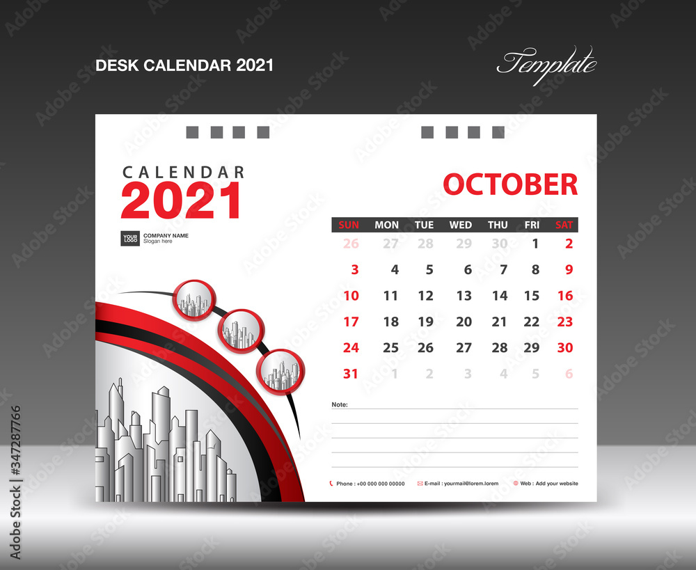 2021 Calendar design. October 2021 template. Desk calender page. week ...