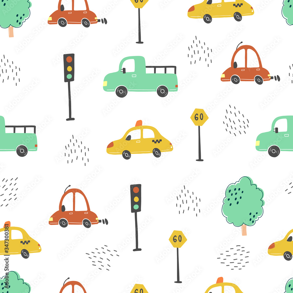Seamless pattern of childish cartoon town, city map with road and cars for fabric, wallpaper ...