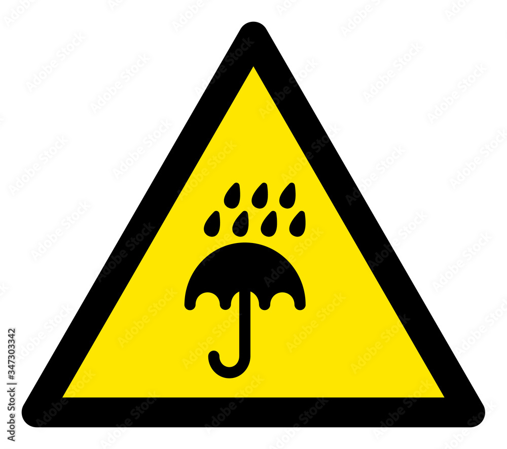 Vector rain umbrella flat warning sign. Triangle icon uses black and ...