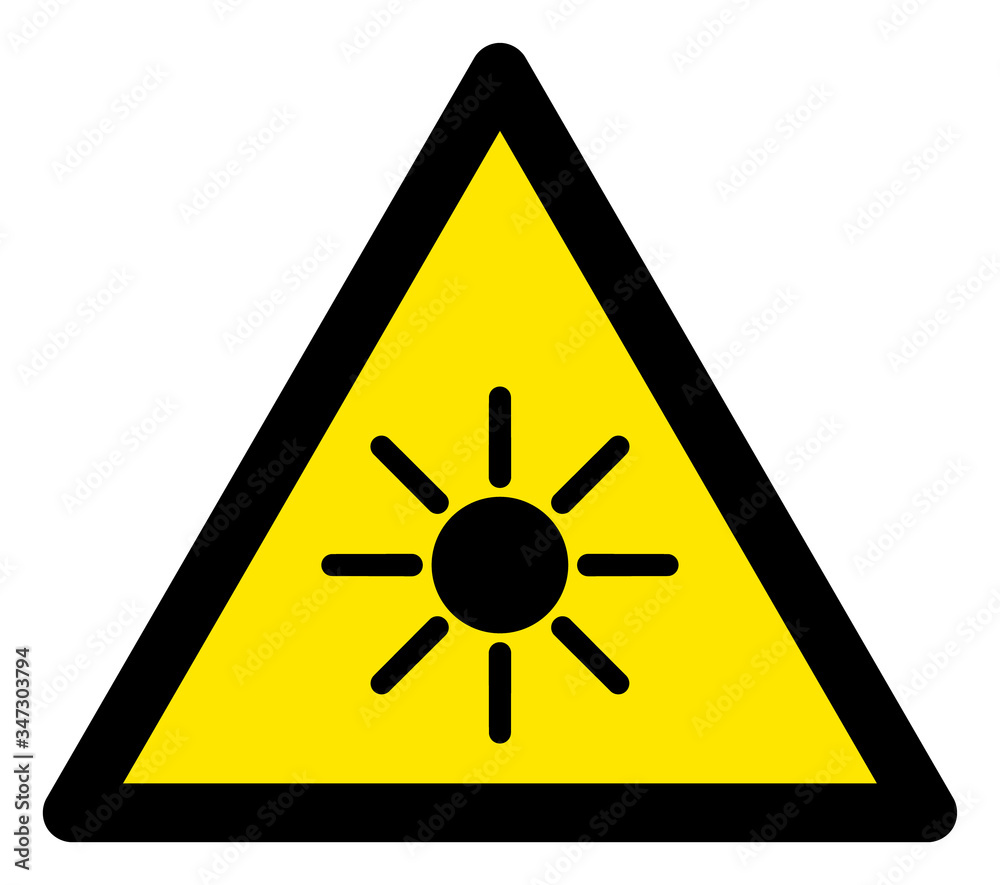 Vector sun rays flat warning sign. Triangle icon uses black and yellow ...
