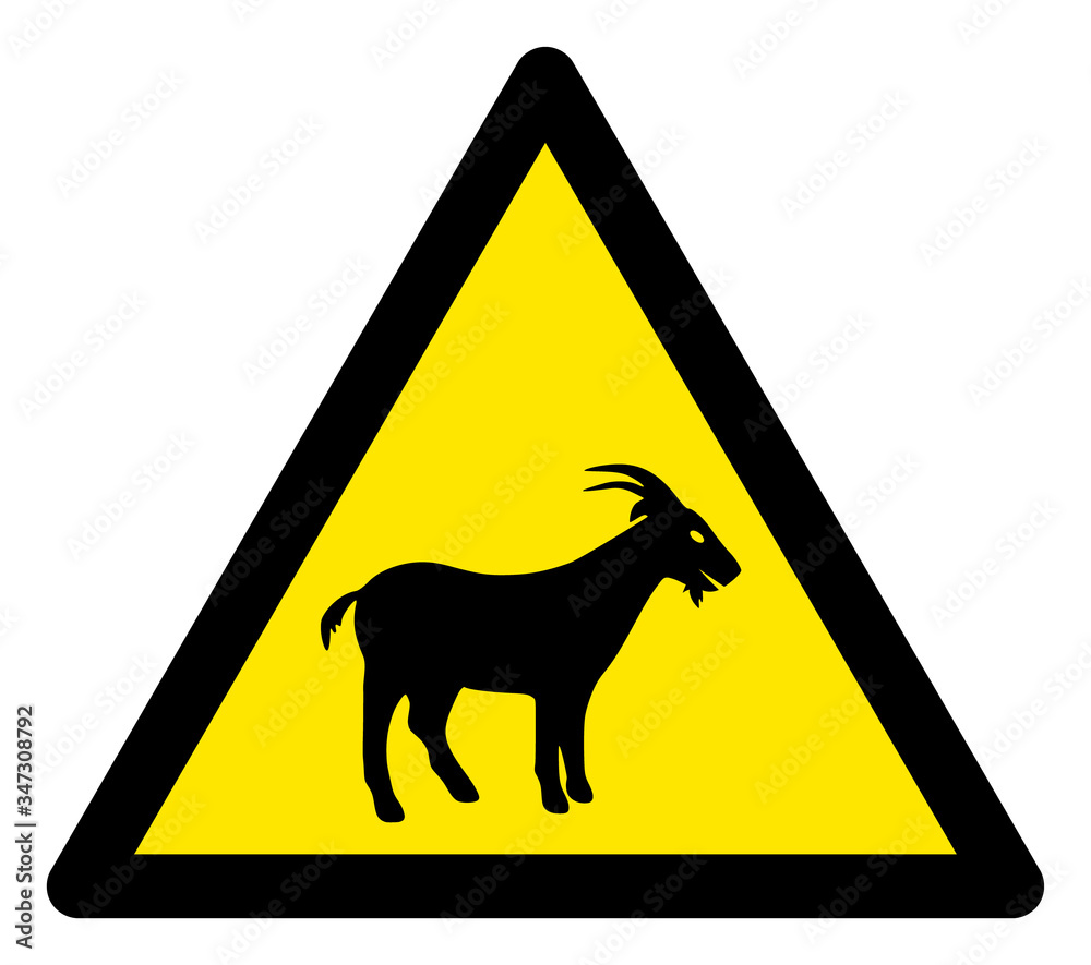 Vector goat animal flat warning sign. Triangle icon uses black and ...