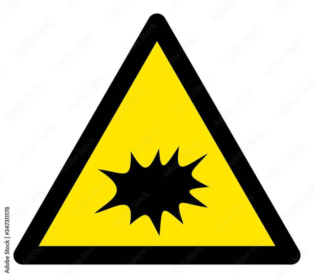 Vector explode flat warning sign. Triangle icon uses black and yellow ...