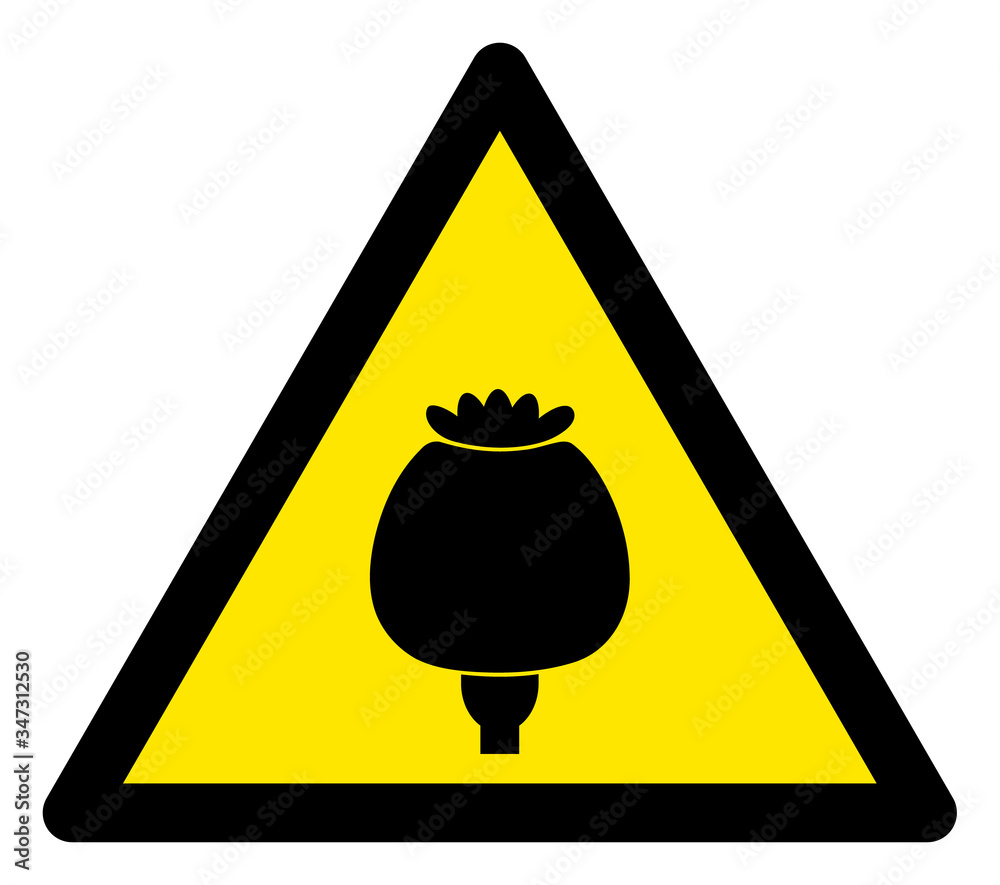 Vector opium poppy flat warning sign. Triangle icon uses black and ...