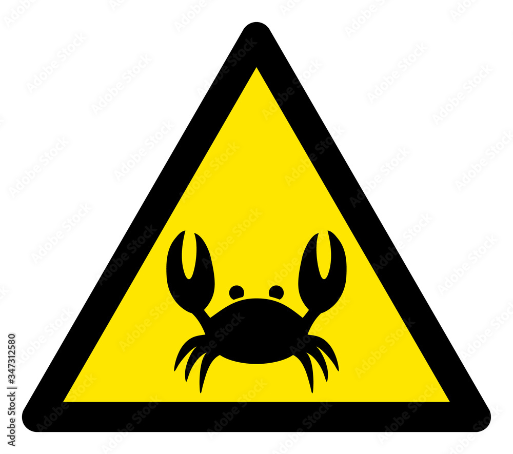 Vector crab flat warning sign. Triangle icon uses black and yellow ...