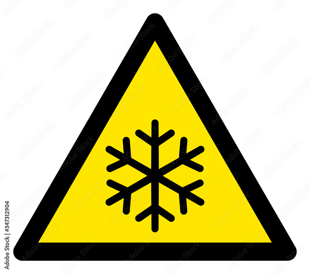 Vector snow flat warning sign. Triangle icon uses black and yellow ...