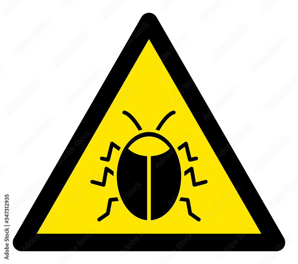 Vector bug flat warning sign. Triangle icon uses black and yellow colors. Symbol style is a flat ...