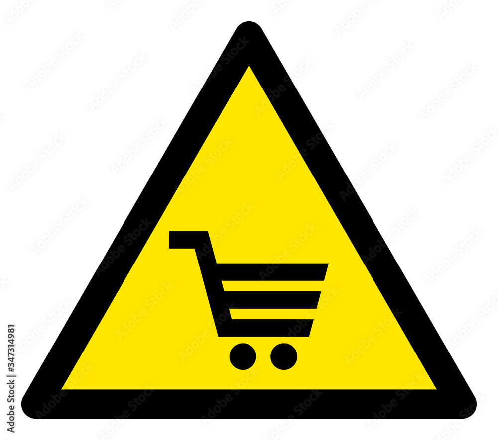 Vector supermarket trolley flat warning sign. Triangle icon uses black ...