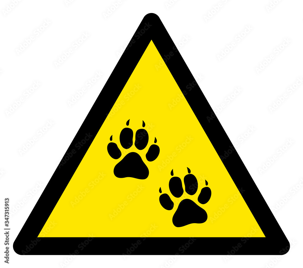 Vector tiger footprints flat warning sign. Triangle icon uses black and ...