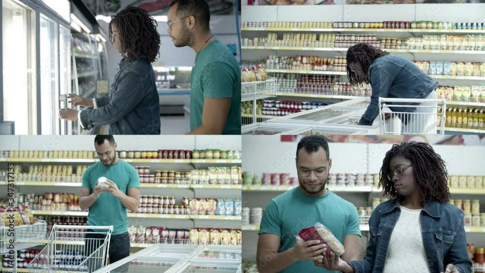 Mix raced and black shoppers choosing food in supermarket, putting ...