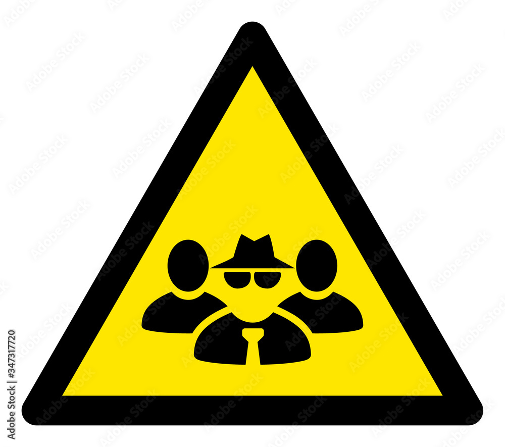 Vector mafia persons flat warning sign. Triangle icon uses black and ...