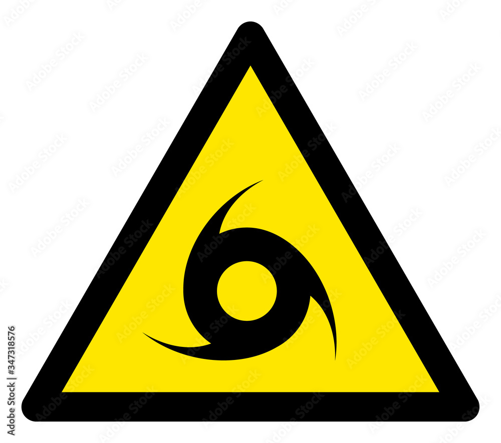 Vector hurricane flat warning sign. Triangle icon uses black and yellow ...