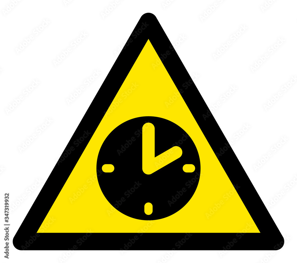 Vector time flat warning sign. Triangle icon uses black and yellow ...