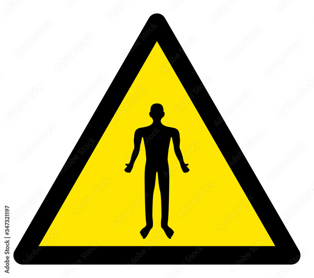 Vector human body flat warning sign. Triangle icon uses black and ...