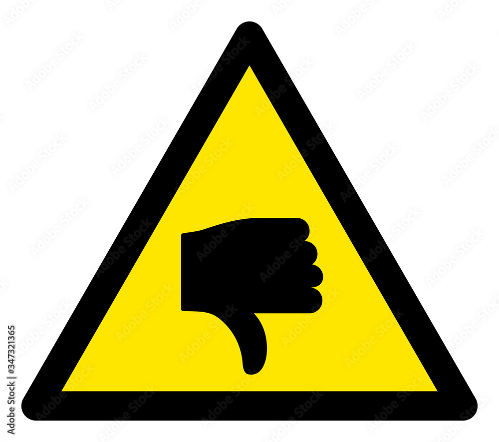 Vector negative rating flat warning sign. Triangle icon uses black and ...