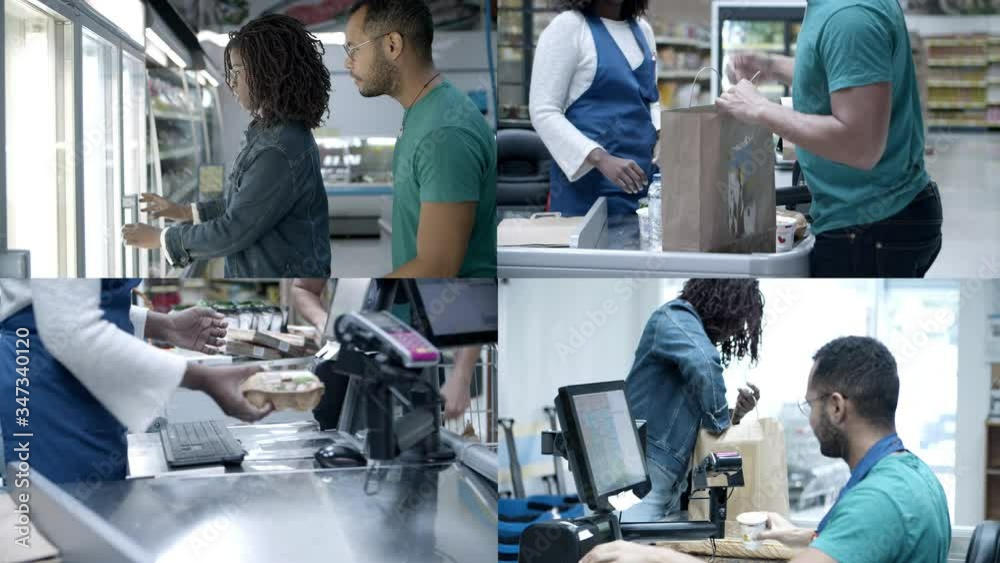 Young multiracial people shopping and working in grocery store ...