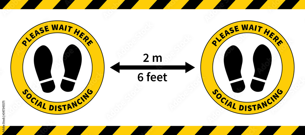 Social distancing. Footprint sign for stand in supermarket. Keep the 2 ...
