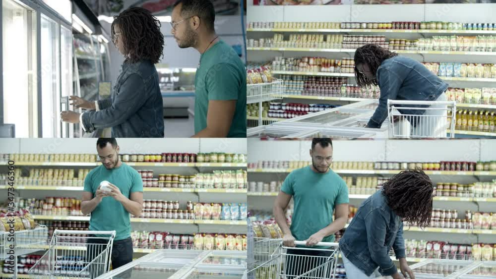 Mix raced couple of shoppers buying food in grocery store, wheeling ...