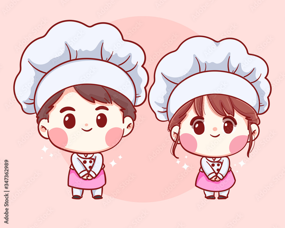Cute Bakery chefs boy and girl welcome smiling cartoon art illustration ...