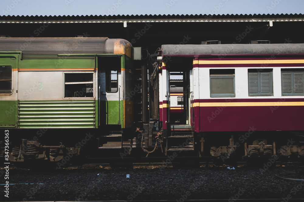 vintage train. diesel locomotive train stop at public station. old ...