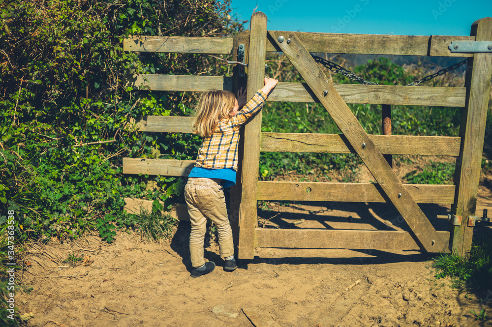 Preschooler opening a wooden gate in nature Stock Photo | Adobe Stock
