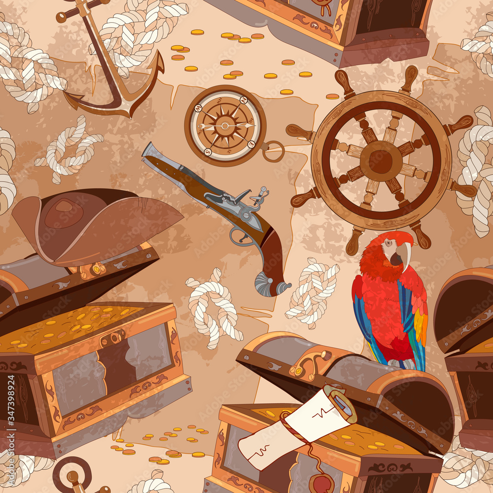 Old pirate treasure map seamless pattern. Adventure stories background ...