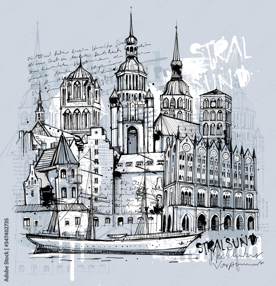 Handgezeichnete Stralsund Skizze auf einer Ebene reduziert. Stock ...