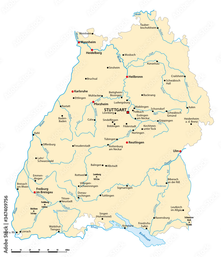 Vector map of the state of Baden wuerttemberg with major cities ...