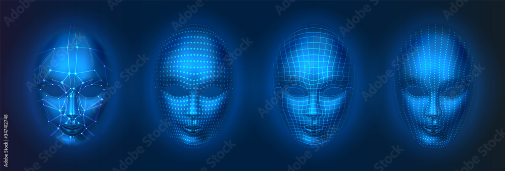 Set of isolated human or robot, artificial intelligence faces with dots ...