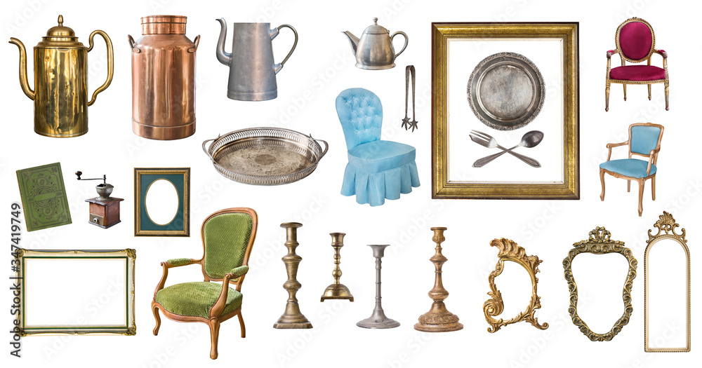 Set of beautiful antique items, picture frames, furniture, silverware ...