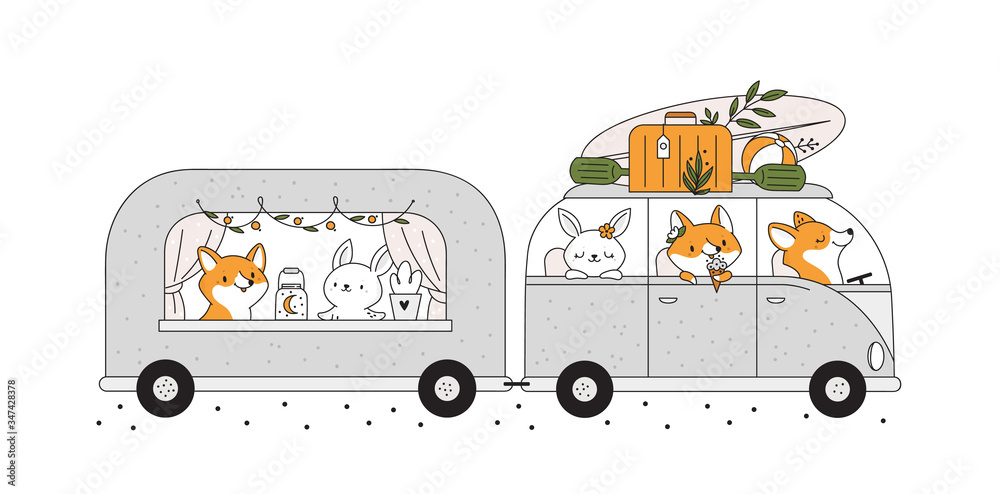 Childish print with cute baby animals in motorhome bus going to summer ...