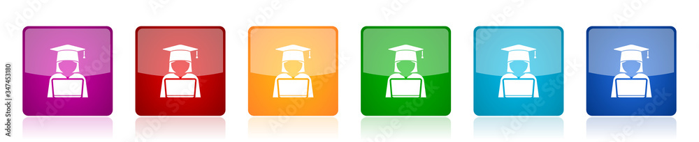 Student with laptop icon set, computer, education colorful square ...