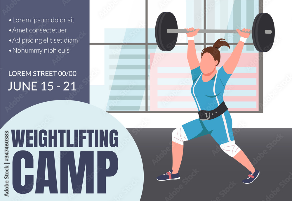 Weightlifting camp banner flat vector template. Bodybuilding, workout ...