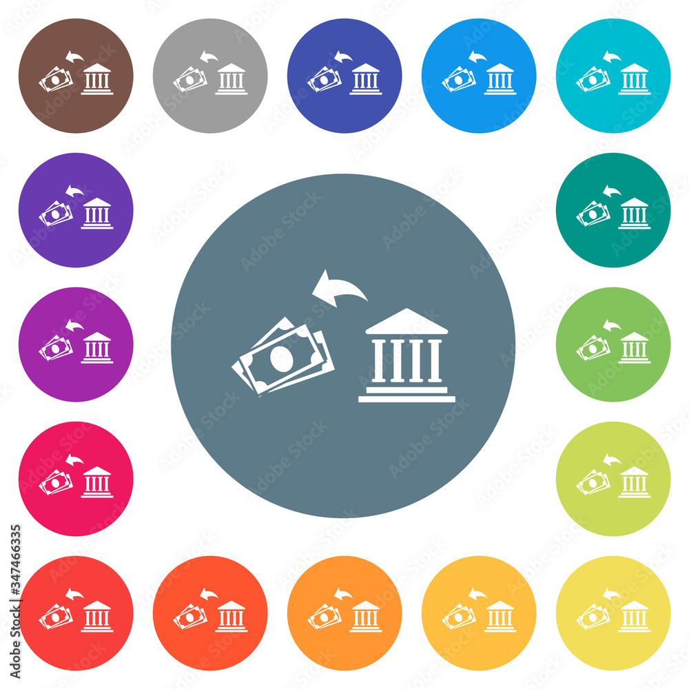 Cash withdrawal from bank flat white icons on round color backgrounds ...