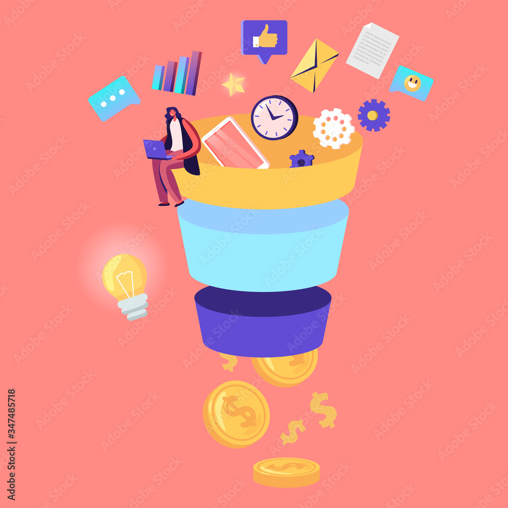 Conversion Rate Optimization, Funnel Marketing Concept. Tiny Female ...