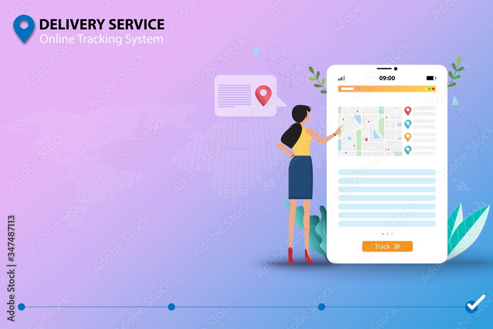 Concept of delivery service with online tracking system, business woman ...