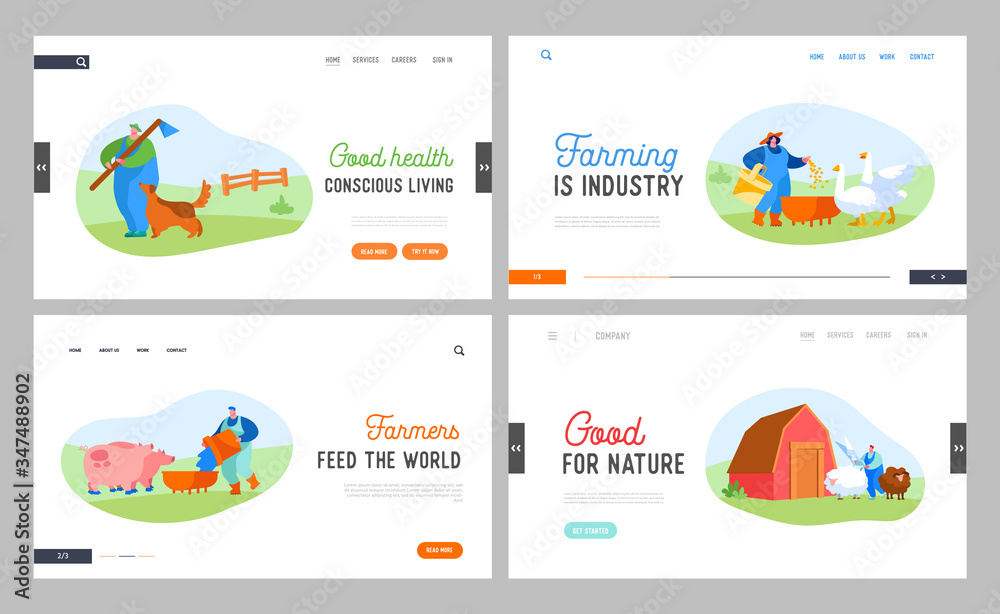 People Doing Farming Job Landing Page Template Set. Feeding Domestic ...