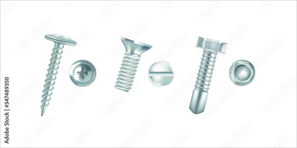 Set of realistic fasteners, screws, bolts isolated on white vector ...